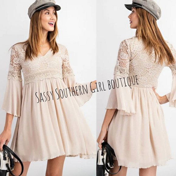Sassy Southern Girl Boutique | Dresses | Beige Lace Bell Sleeve Mini ...